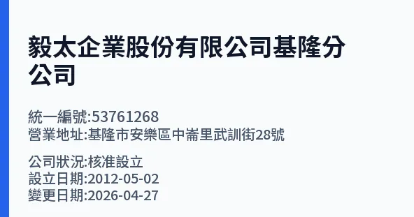 毅太企業股份有限公司基隆分公司的照片-統編 53761268(基隆市) 公司登記資料與營業項目詳細圖表