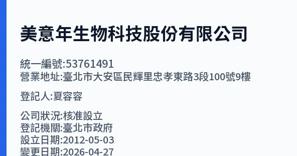 美意年生物科技股份有限公司的照片-統編 53761491(臺北市) 公司登記資料與營業項目詳細圖表
