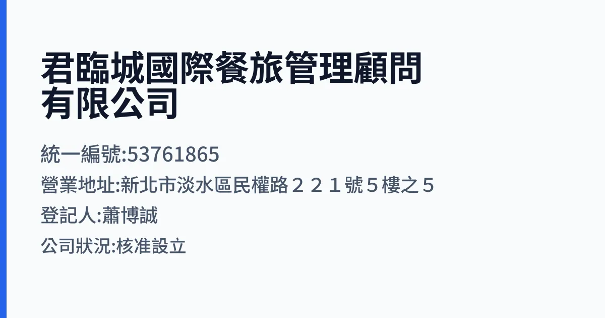 君臨城國際餐旅管理顧問有限公司 - 統編 53761865(新北市) 公司登記資料與營業項目詳細圖表