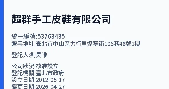 超群手工皮鞋有限公司的照片-統編 53763435(臺北市) 公司登記資料與營業項目詳細圖表