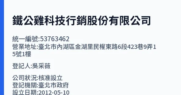 鐵公雞科技行銷股份有限公司的照片-統編 53763462(臺北市) 公司登記資料與營業項目詳細圖表