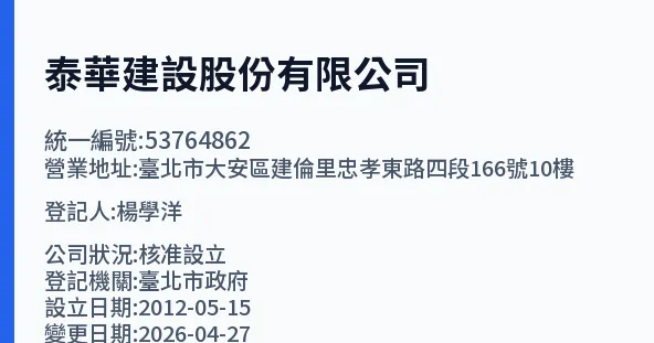 泰華建設股份有限公司的照片-統編 53764862(臺北市) 公司登記資料與營業項目詳細圖表