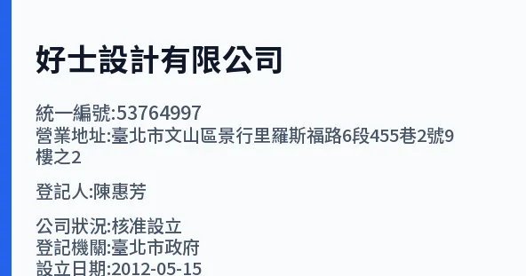 好士設計有限公司的照片-統編 53764997(臺北市) 公司登記資料與營業項目詳細圖表