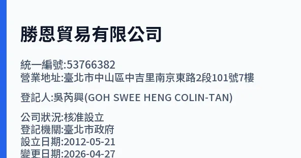 勝恩貿易有限公司的照片-統編 53766382(臺北市) 公司登記資料與營業項目詳細圖表