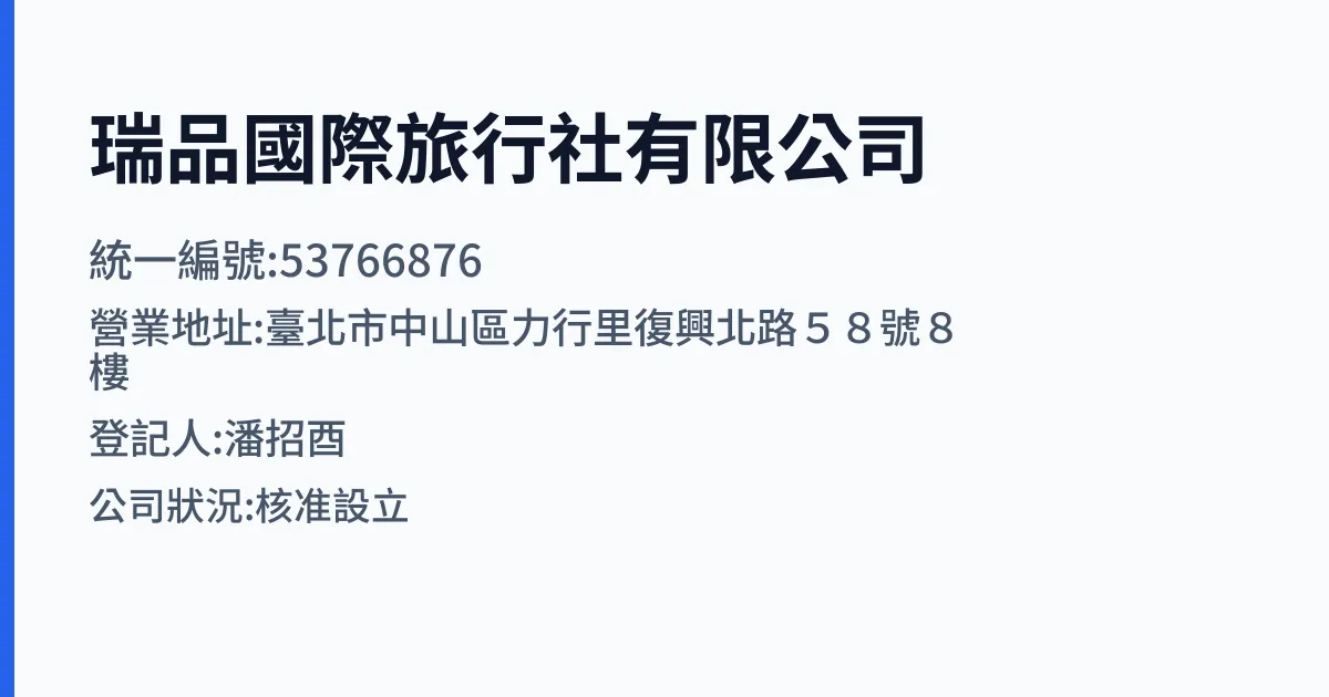 瑞品國際旅行社有限公司 - 統編 53766876(臺北市) 公司登記資料與營業項目詳細圖表
