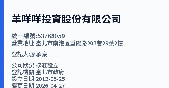羊咩咩投資股份有限公司的照片-統編 53768059(臺北市) 公司登記資料與營業項目詳細圖表