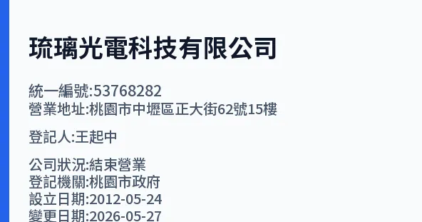 琉璃光電科技有限公司的照片-統編 53768282(桃園市) 公司登記資料與營業項目詳細圖表