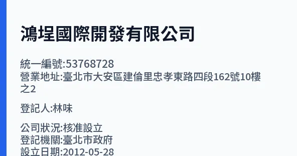 鴻埕國際開發有限公司的照片-統編 53768728(臺北市) 公司登記資料與營業項目詳細圖表