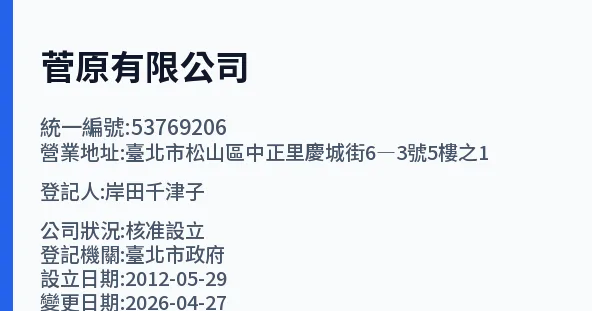 菅原有限公司的照片-統編 53769206(臺北市) 公司登記資料與營業項目詳細圖表