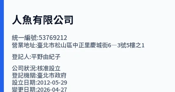 人魚有限公司的照片-統編 53769212(臺北市) 公司登記資料與營業項目詳細圖表
