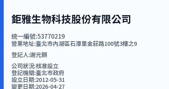 鉅雅生物科技股份有限公司的照片-統編 53770219(臺北市) 公司登記資料與營業項目詳細圖表