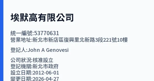 埃默高有限公司的照片-統編 53770631(新北市) 公司登記資料與營業項目詳細圖表