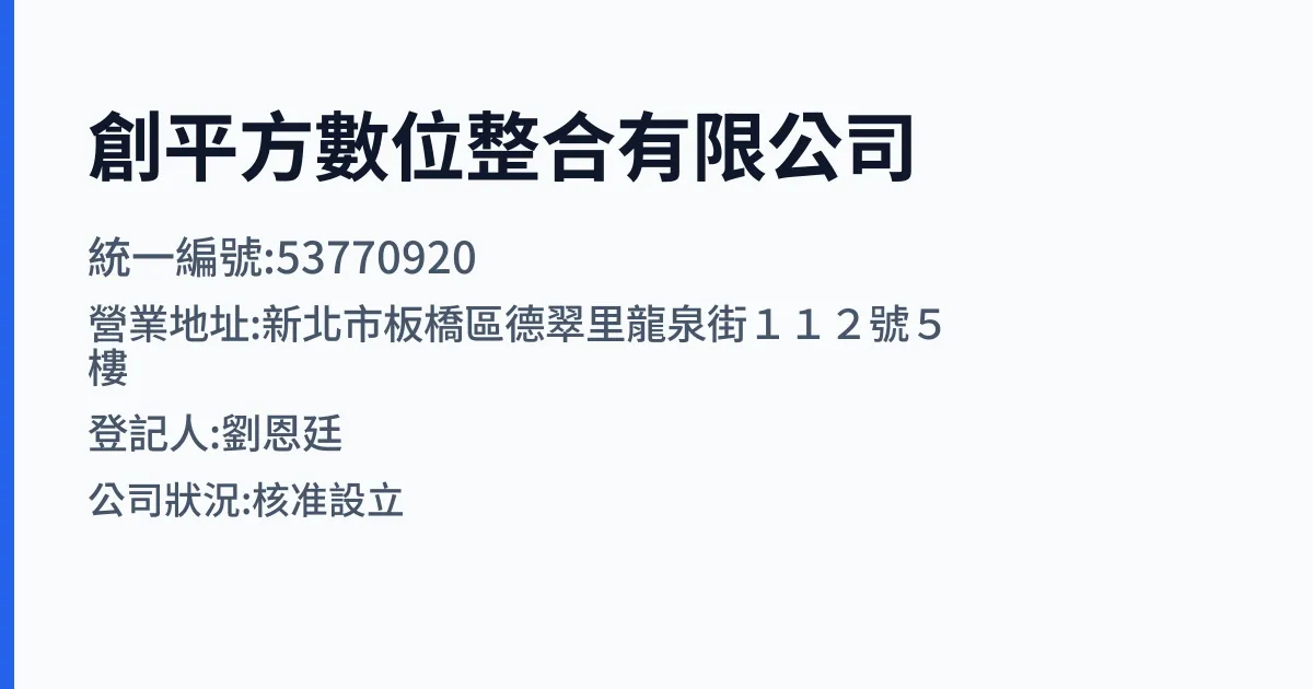 創平方數位整合有限公司 - 統編 53770920(新北市) 公司登記資料與營業項目詳細圖表