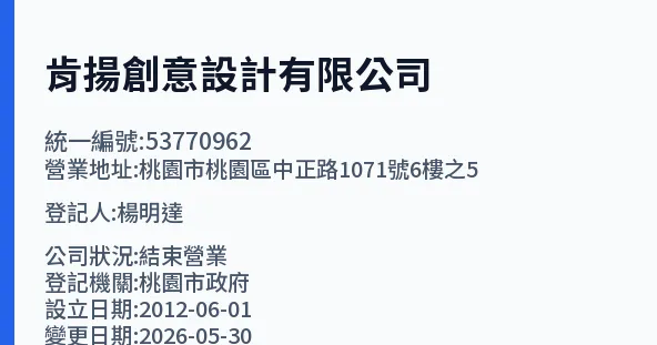 肯揚創意設計有限公司的照片-統編 53770962(桃園市) 公司登記資料與營業項目詳細圖表