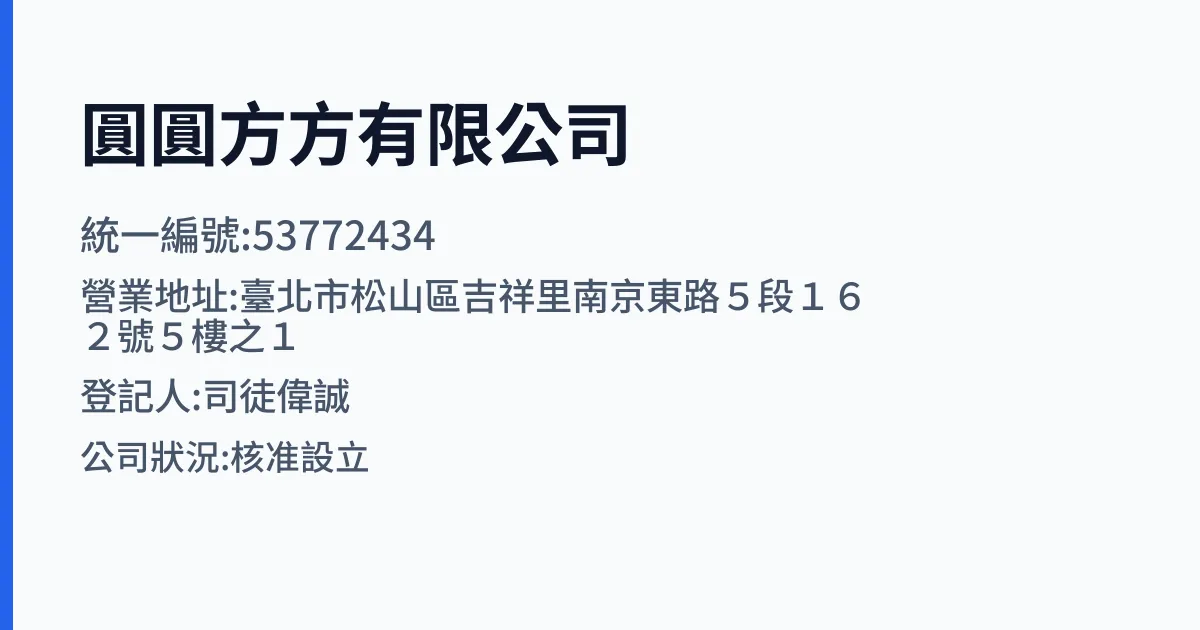 圓圓方方有限公司 - 統編 53772434(臺北市) 公司登記資料與營業項目詳細圖表