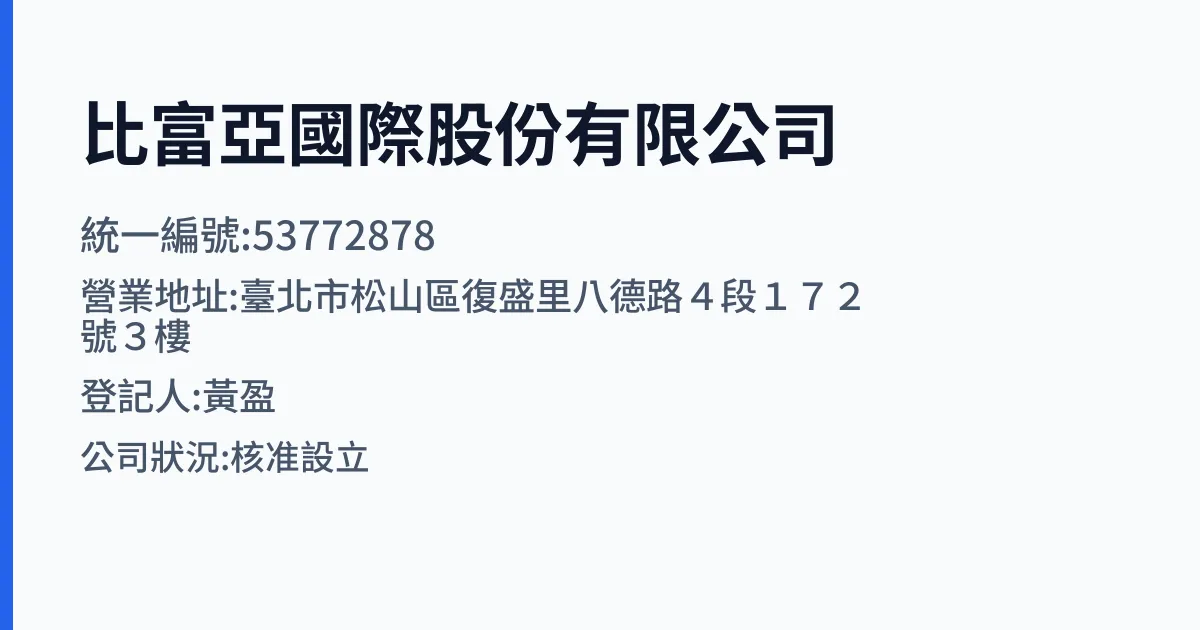 比富亞國際股份有限公司 - 統編 53772878(臺北市) 公司登記資料與營業項目詳細圖表