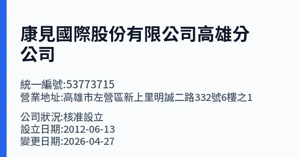康見國際股份有限公司高雄分公司的照片-統編 53773715(高雄市) 公司登記資料與營業項目詳細圖表