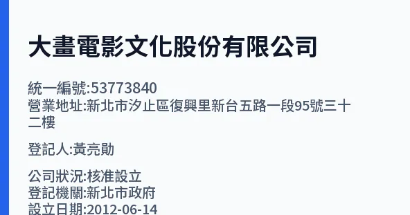 大畫電影文化股份有限公司的照片-統編 53773840(新北市) 公司登記資料與營業項目詳細圖表