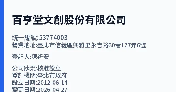 百亨堂文創股份有限公司的照片-統編 53774003(臺北市) 公司登記資料與營業項目詳細圖表