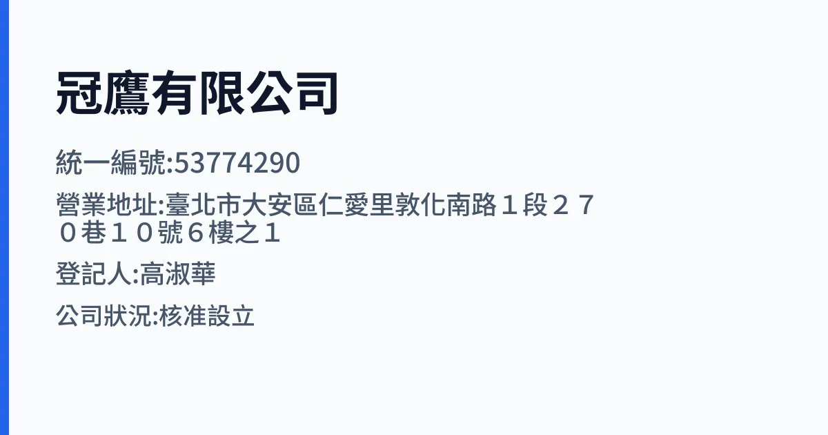 冠鷹有限公司 - 統編 53774290（臺北市） 公司登記資料與營業項目詳細圖表