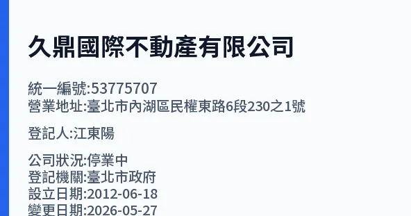 久鼎國際不動產有限公司的照片-統編 53775707(臺北市) 公司登記資料與營業項目詳細圖表