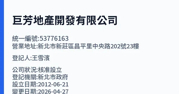 巨芳地產開發有限公司的照片-統編 53776163(新北市) 公司登記資料與營業項目詳細圖表