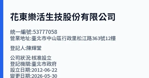 花東樂活生技股份有限公司的照片-統編 53777058(臺北市) 公司登記資料與營業項目詳細圖表