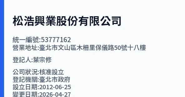 松浩興業股份有限公司的照片-統編 53777162(臺北市) 公司登記資料與營業項目詳細圖表