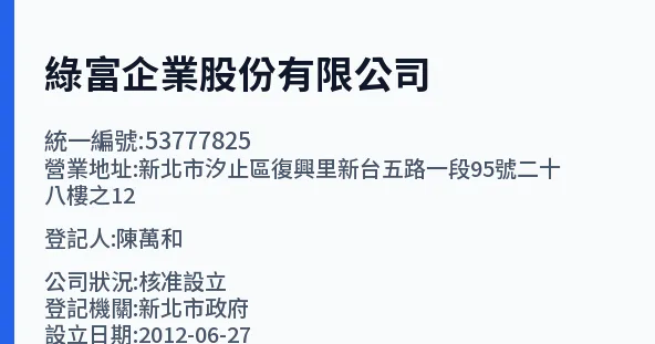綠富企業股份有限公司的照片-統編 53777825(新北市) 公司登記資料與營業項目詳細圖表