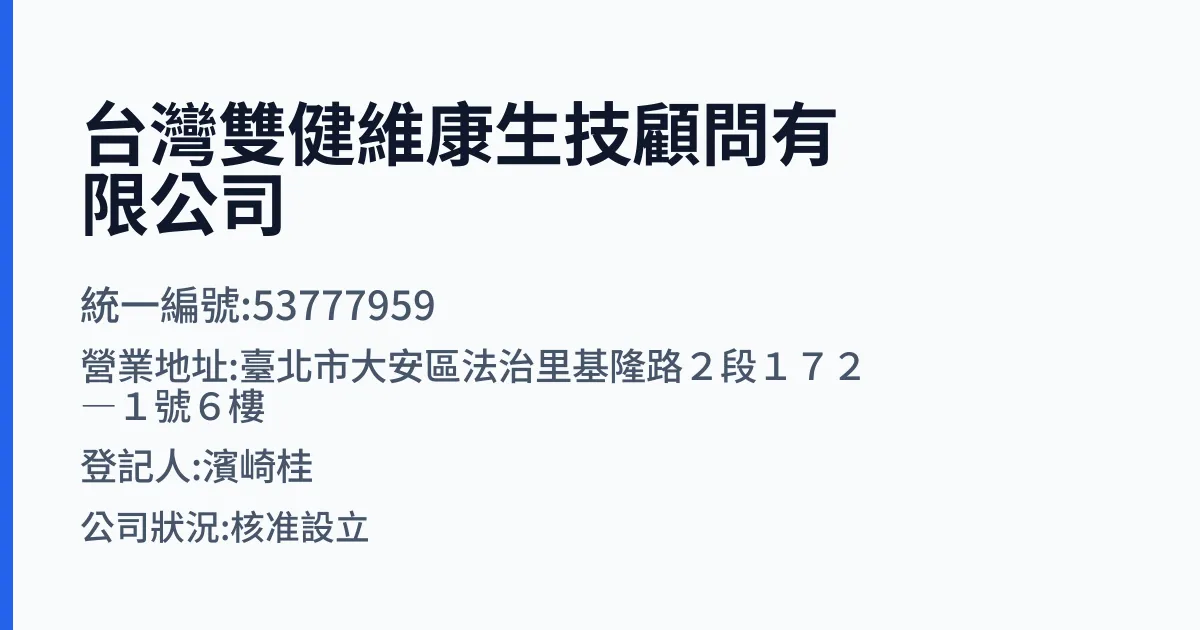 台灣雙健維康生技顧問有限公司 - 統編 53777959(臺北市) 公司登記資料與營業項目詳細圖表