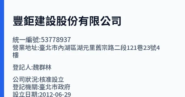 豐鉅建設股份有限公司的照片-統編 53778937(臺北市) 公司登記資料與營業項目詳細圖表