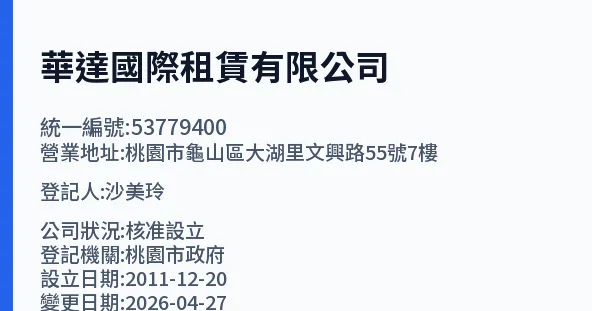 華達國際租賃有限公司的照片-統編 53779400(桃園市) 公司登記資料與營業項目詳細圖表