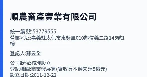 順農畜產實業有限公司的照片-統編 53779555(嘉義縣) 公司登記資料與營業項目詳細圖表