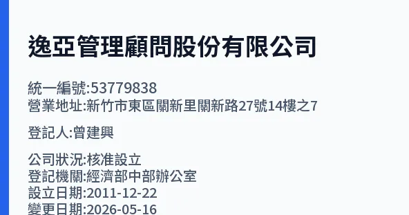 逸亞管理顧問股份有限公司的照片-統編 53779838(新竹市) 公司登記資料與營業項目詳細圖表
