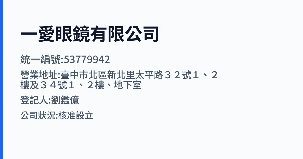 一愛眼鏡有限公司 - 統編 53779942(臺中市) 公司登記資料與營業項目詳細圖表