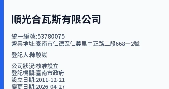 順光合瓦斯有限公司的照片-統編 53780075(臺南市) 公司登記資料與營業項目詳細圖表