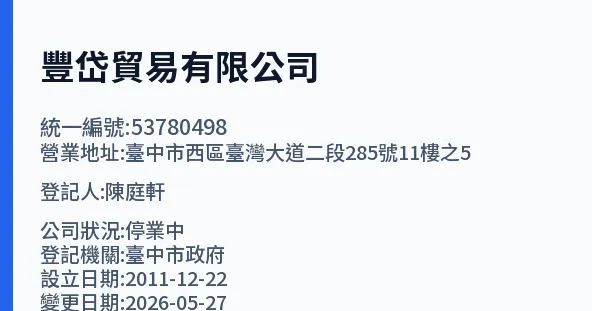 豐岱貿易有限公司的照片-統編 53780498(臺中市) 公司登記資料與營業項目詳細圖表