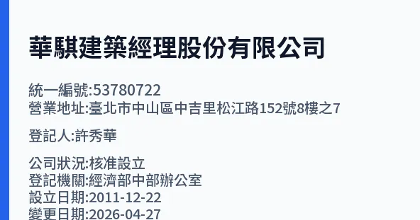 華騏建築經理股份有限公司的照片-統編 53780722(臺北市) 公司登記資料與營業項目詳細圖表