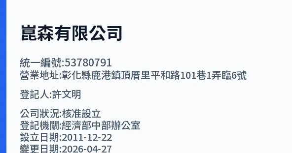 崑森有限公司的照片-統編 53780791(彰化縣) 公司登記資料與營業項目詳細圖表