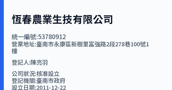 恆春農業生技有限公司的照片-統編 53780912(臺南市) 公司登記資料與營業項目詳細圖表
