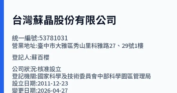 台灣蘇晶股份有限公司的照片-統編 53781031(臺中市) 公司登記資料與營業項目詳細圖表