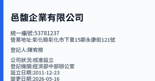 邑馥企業有限公司的照片-統編 53781237(彰化縣) 公司登記資料與營業項目詳細圖表