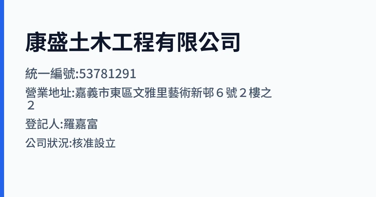 康盛土木工程有限公司 - 統編 53781291(嘉義市) 公司登記資料與營業項目詳細圖表