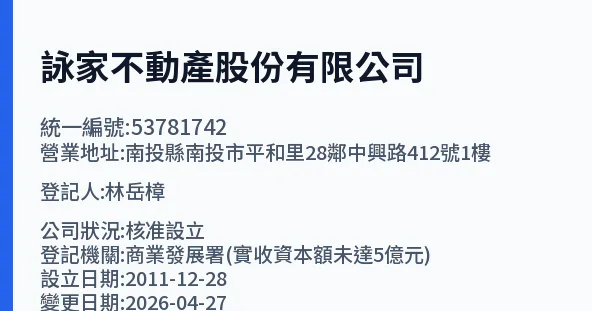 詠家不動產股份有限公司的照片-統編 53781742(南投縣) 公司登記資料與營業項目詳細圖表