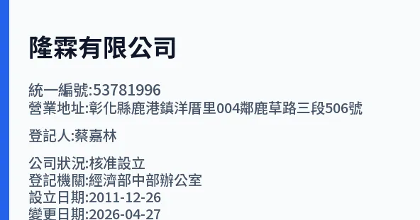隆霖有限公司的照片-統編 53781996(彰化縣) 公司登記資料與營業項目詳細圖表