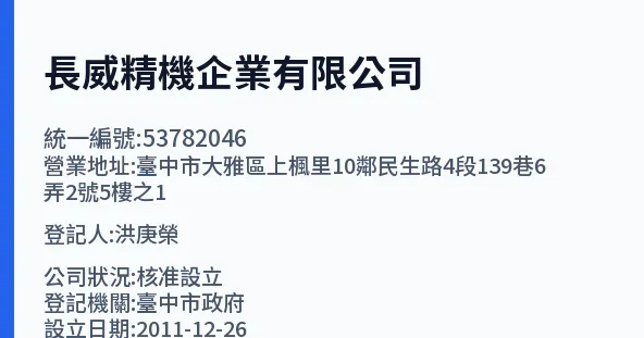 長威精機企業有限公司的照片-統編 53782046(臺中市) 公司登記資料與營業項目詳細圖表