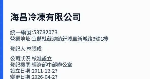 海昌冷凍有限公司的照片-統編 53782073(宜蘭縣) 公司登記資料與營業項目詳細圖表