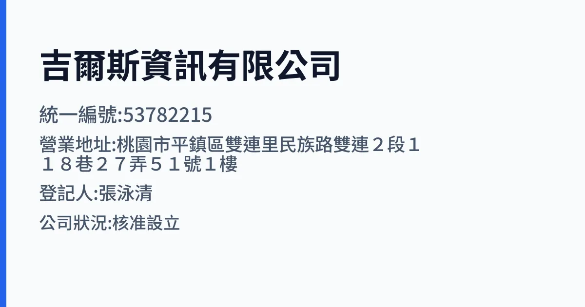吉爾斯資訊有限公司 - 統編 53782215(桃園市) 公司登記資料與營業項目詳細圖表