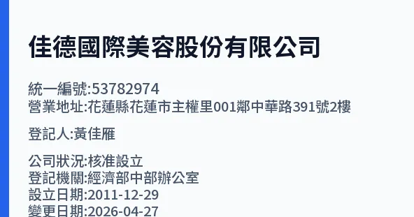 佳德國際美容股份有限公司的照片-統編 53782974(花蓮縣) 公司登記資料與營業項目詳細圖表