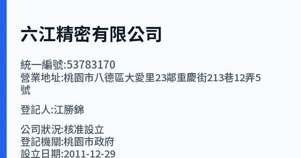 六江精密有限公司的照片-統編 53783170(桃園市) 公司登記資料與營業項目詳細圖表